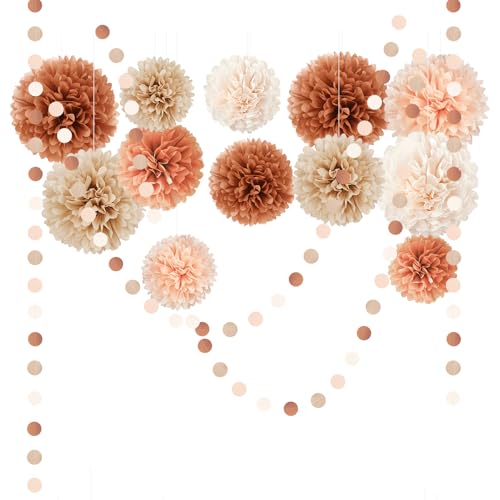 AOBKIAT Boho Wedding Baby Shower Decorations,15PCS Brown Peach Tissue Paper Pom Poms,Circle Dots Colorful Paper Garland String Hanging Backdrop for Birthday Party,Retro Bridal Shower Engagement