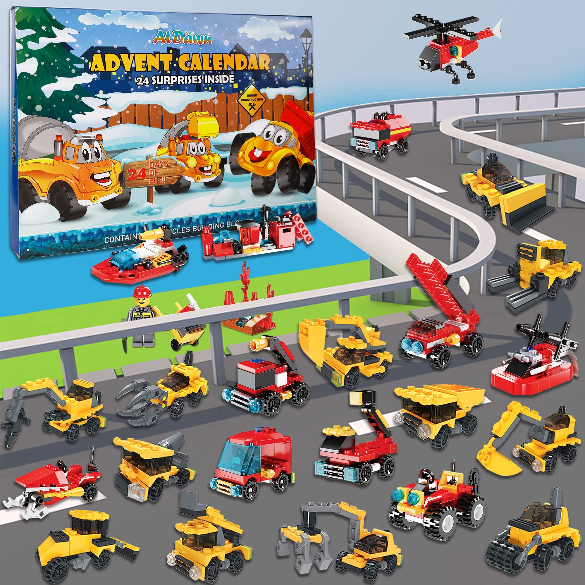 ATDAWN Christmas Advent Calendar 2023 with 24 Different Construction Vehicles Building Blocks, Car Stocking Stuffer Toys, Countdown to Christmas Building Block Toy for Kids Toddlers Teen