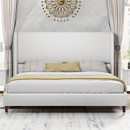 PaPaJet King Platform Bed Frame 51.2" High Headboard Linen Tall Upholstered Bed/No Box Spring Required/Wood Slat Support/Easy Assembly White