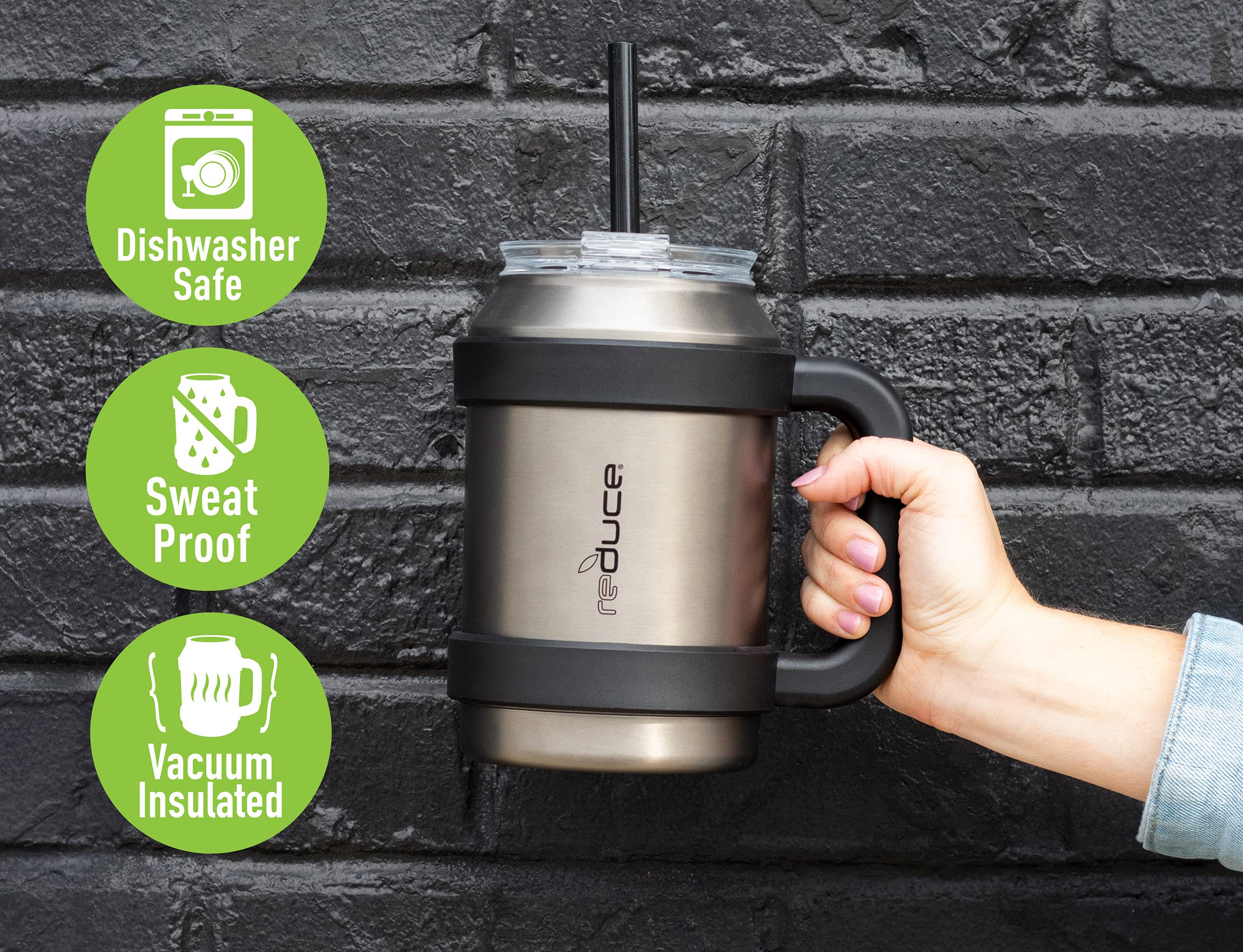 Reduce 32 oz Mug Tumbler, Stainless Steel with Handle - Keeps Drinks Cold up to 30 Hours - Sweat Proof, Dishwasher Safe, BPA Free - Mild Mint, Opaque Gloss