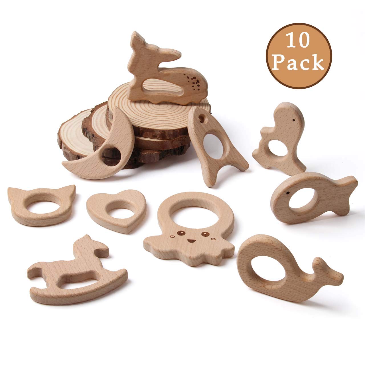 Baby Organic Wood Teether Set DIY Rattle Ring for Infant Gum Relief Grasping Toy Jewelry Holder, Rocket Heart Moon Jellyfish Hobbyhorse Bear Dinosaur Fish Deer Whale
