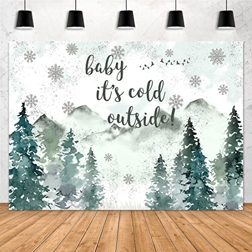 Aperturee Winter Mountain Baby Shower Backdrop 7x5ft Baby It's Cold Outside Decorations Banner Snow Forest Snowflake Photography Background Woodland Adventure Gender Neutral Party Supplies