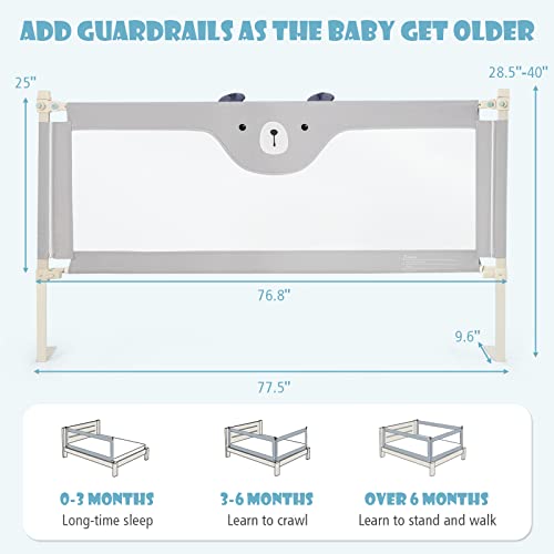 GLACER Bed Rail for Toddlers, 77β Extra Long, Height Adjustable Baby Bed Rail Guard with One-Side Lifting Design, Double Safety Locks, Safety Bed Guardrail for Kids with Side Storage Pocket (Bear)