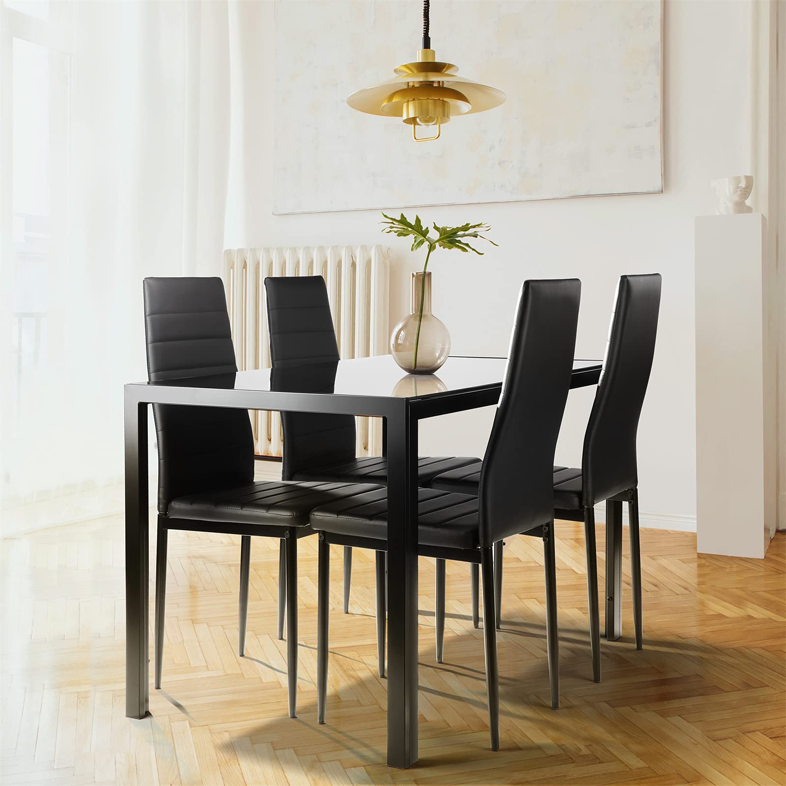 5 Pieces Dining Table Set for 4,Kitchen Room Tempered Glass Dining Table,4 Faux Leather Chairs,Black (B)