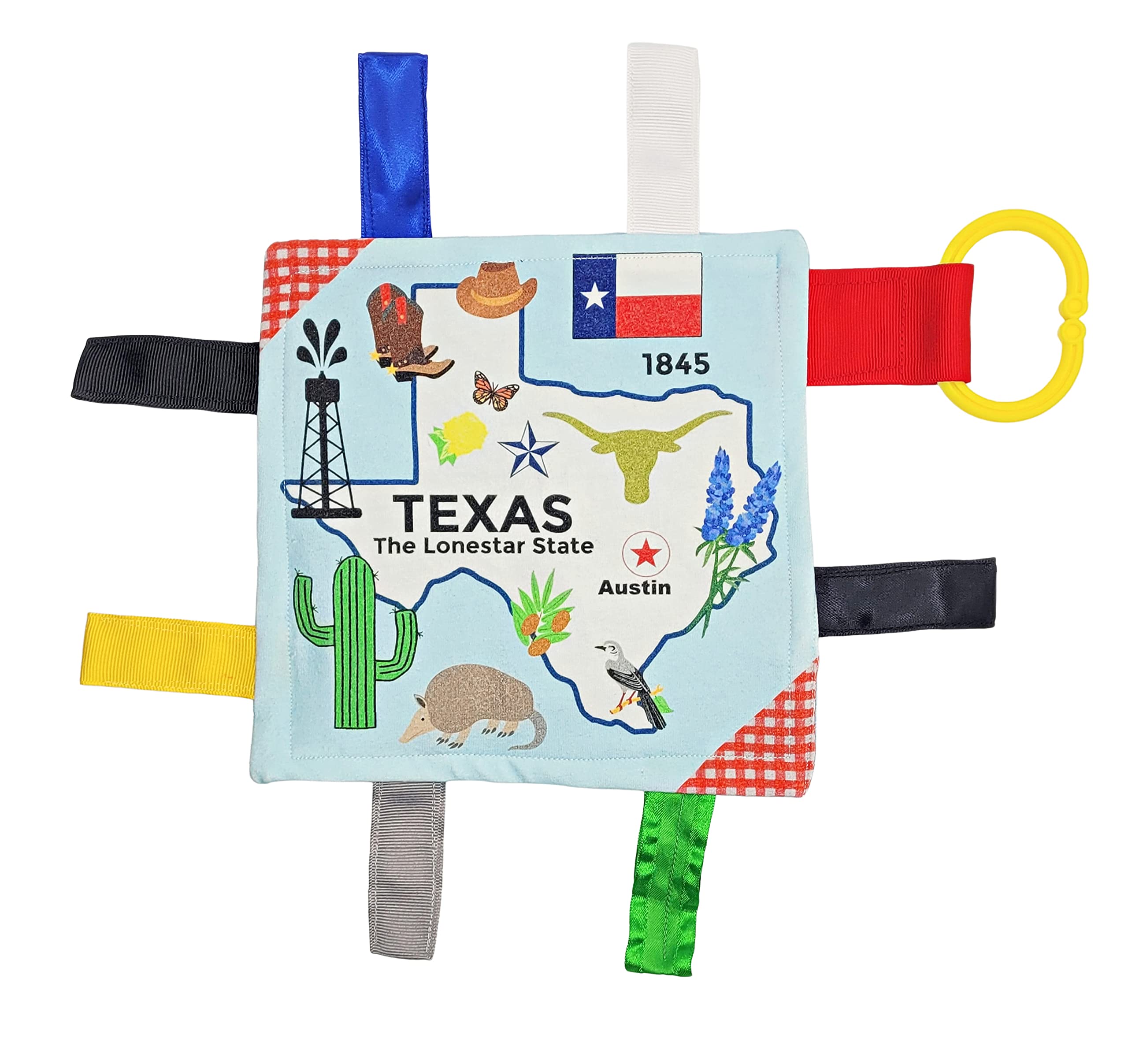 Baby Jack & Co 8x8ā Learning Lovey Tag Toys for Babies - Baby Crinkle Toys - Crinkle Toys for Baby - Soft & Safe - Learn USA State Facts - Ideal Baby Toy BPA Free w/Stroller Clip (Texas)