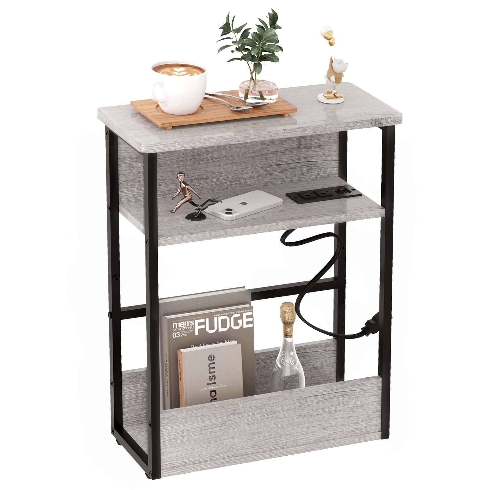 GGWEW Narrow End Table with Charging Station, 3 Tier Slim Side Table for Small Spaces, 23.6 Inch Height Thin Tables with Storage Shelf and Magazine Rack for Living Room, Light Grey Blue