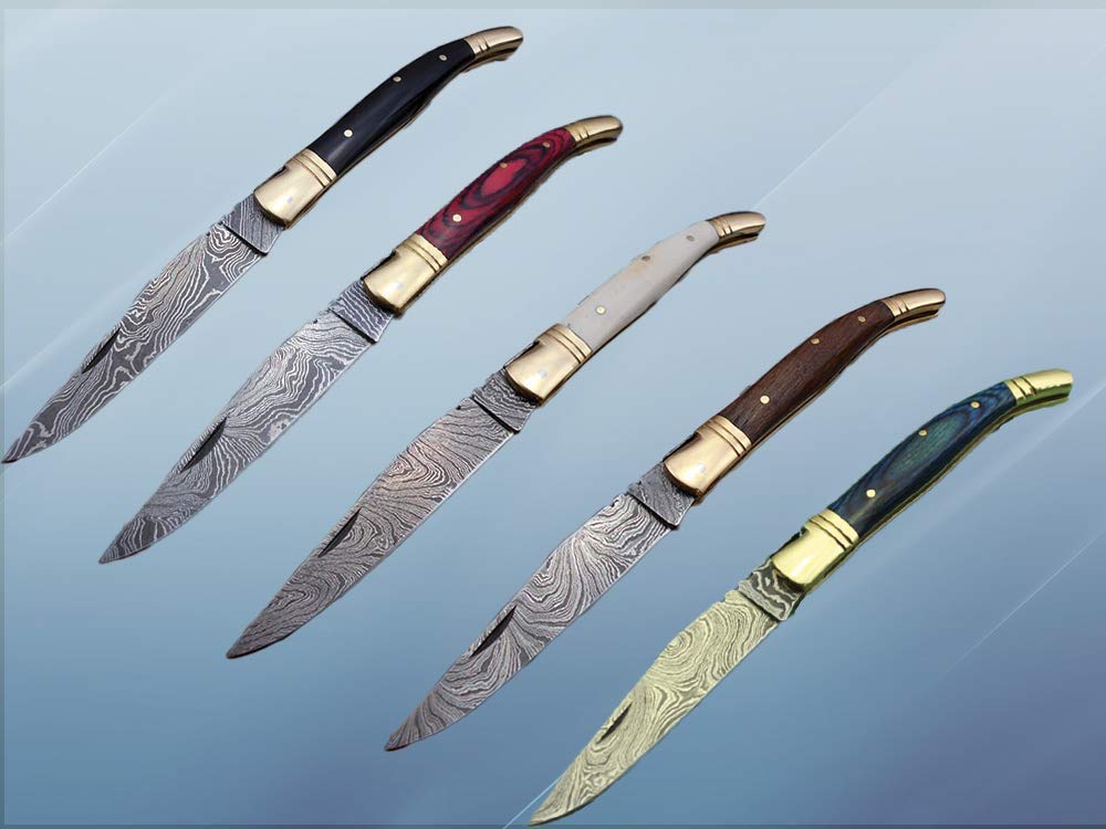 5 Pieces Laguiole Folding Damascus Steel Knife, Red, Blue, White, Black & Brown 5 Scale Colors with Brass Bolster. Cow Hide Leather Sheath Included