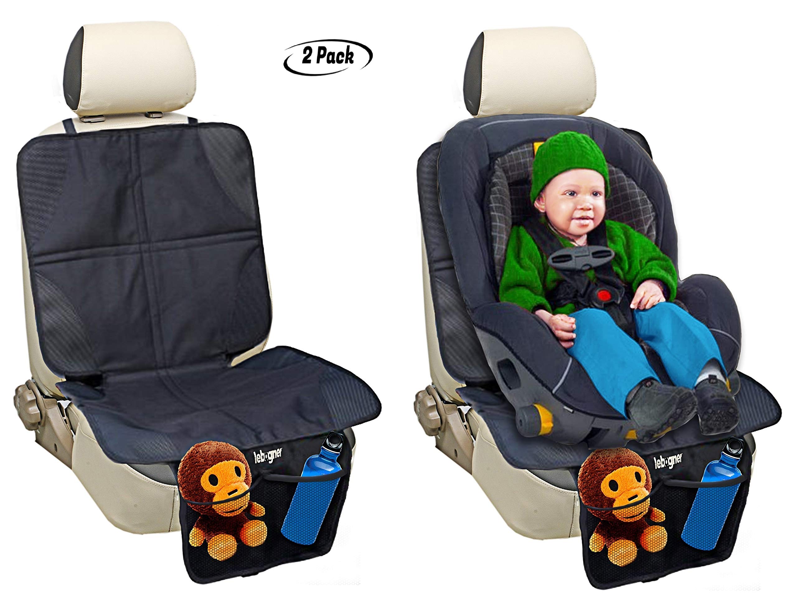 Car Seat Protector by Lebogner - “2 Pack” Luxury Anti-Slip Mat Cover Protector to Keep Clean and Protect Your Auto Leather and Upholstery Seats from Damage, Includes 2 Handy Mesh Storage Pockets