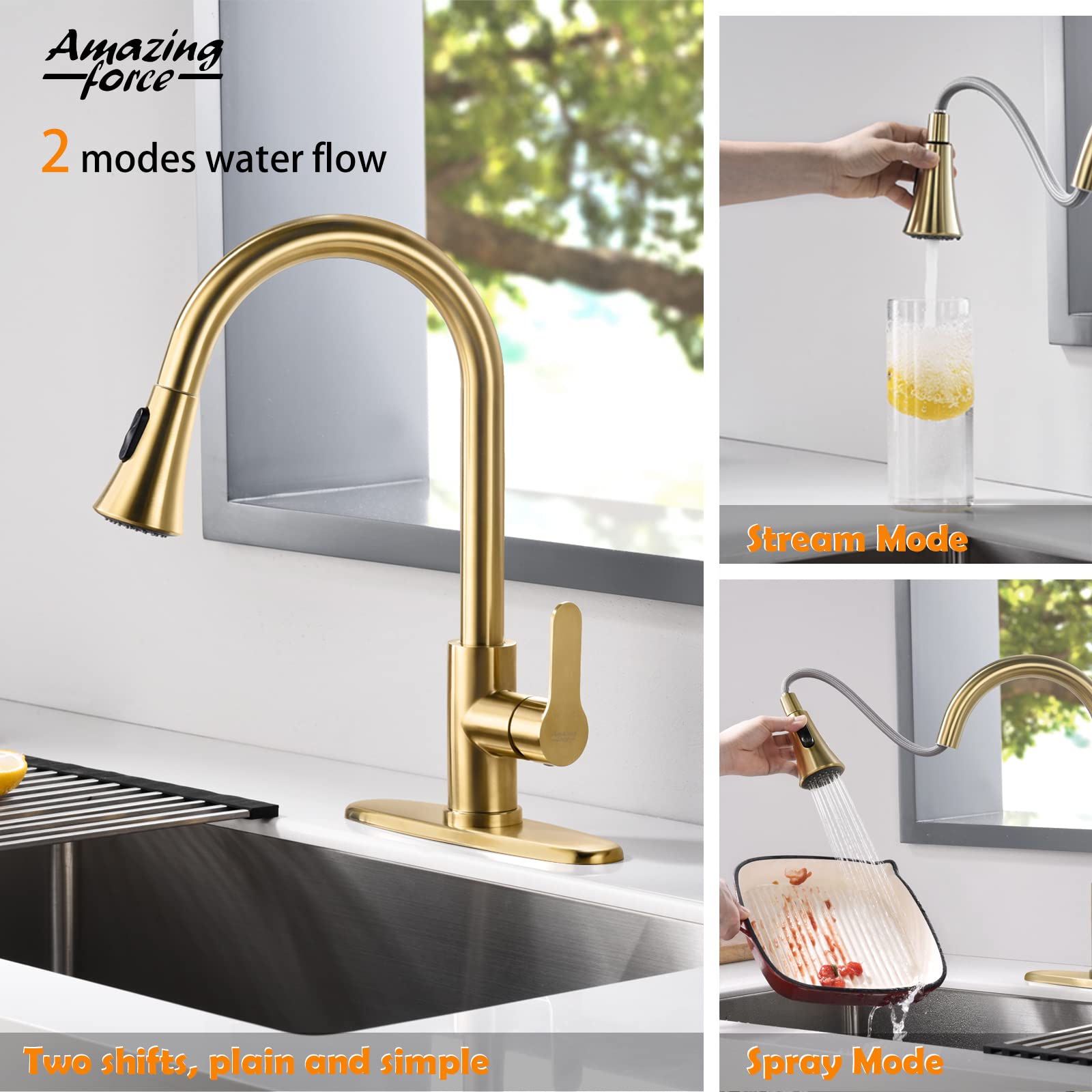 AMAZING FORCE Gold Kitchen Faucet Modern Pull Out Kitchen Faucets Stainless Steel Single Handle Kitchen Sink Faucet with Pull Down Sprayer 3 Hole Kitchen Faucet Mixer Tap 1.8 GPM