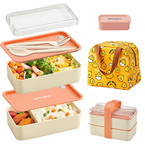 ArderLive Stackable Lunch Bento Box with Bag and Utensils, Microwave Safe, BPA-Free Eco-Friendly Lunch Containers for Adults Japanese, Orange Denim Bag with Bonus Dip Container