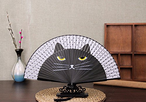 Goege Bailey Women Cartoon Cat Folding Silk Fan Jepanese Handheld Fan (Black)
