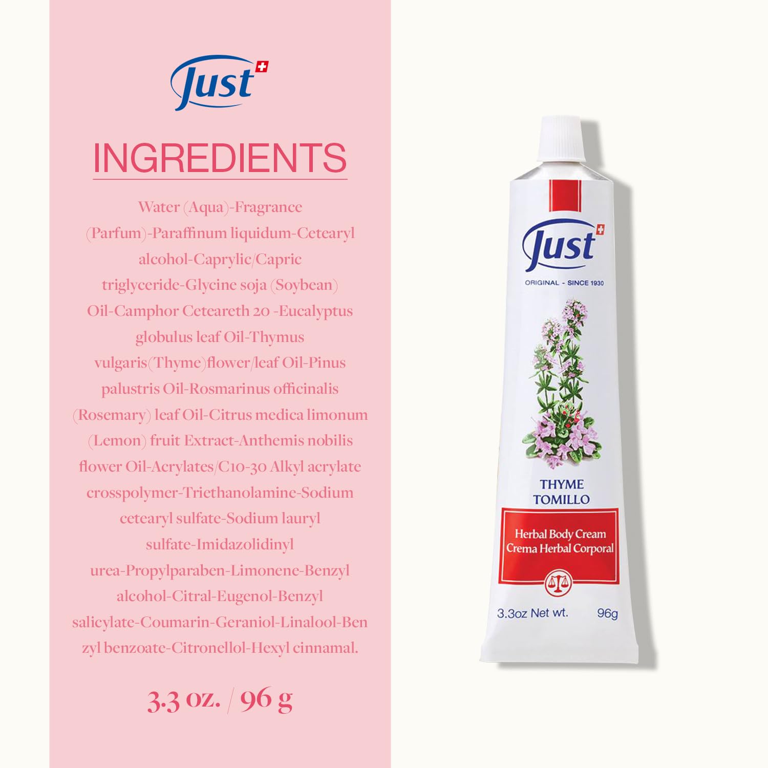 SwissJust Thyme Cream, Thyme Tomillo Cream 60ml. Massage Cream with Camphor Oil, Lemon Eucalyptus Chamomile Essential Oil, Rosemary Oil, Soybean Oil, and Pine Essential Oils.