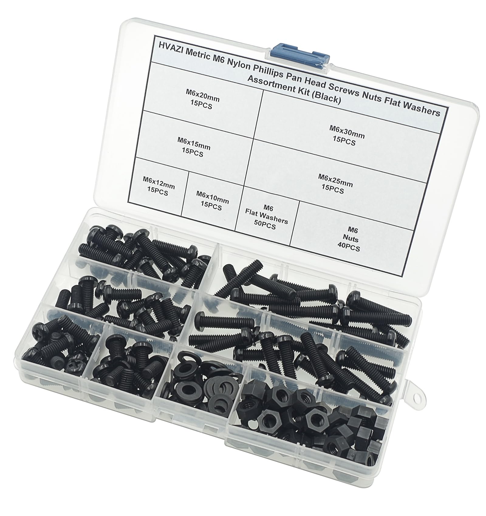 HVAZI Metric M6 Nylon Phillips Pan Head Screws Nuts Flat Washers Assortment Kit (Black)