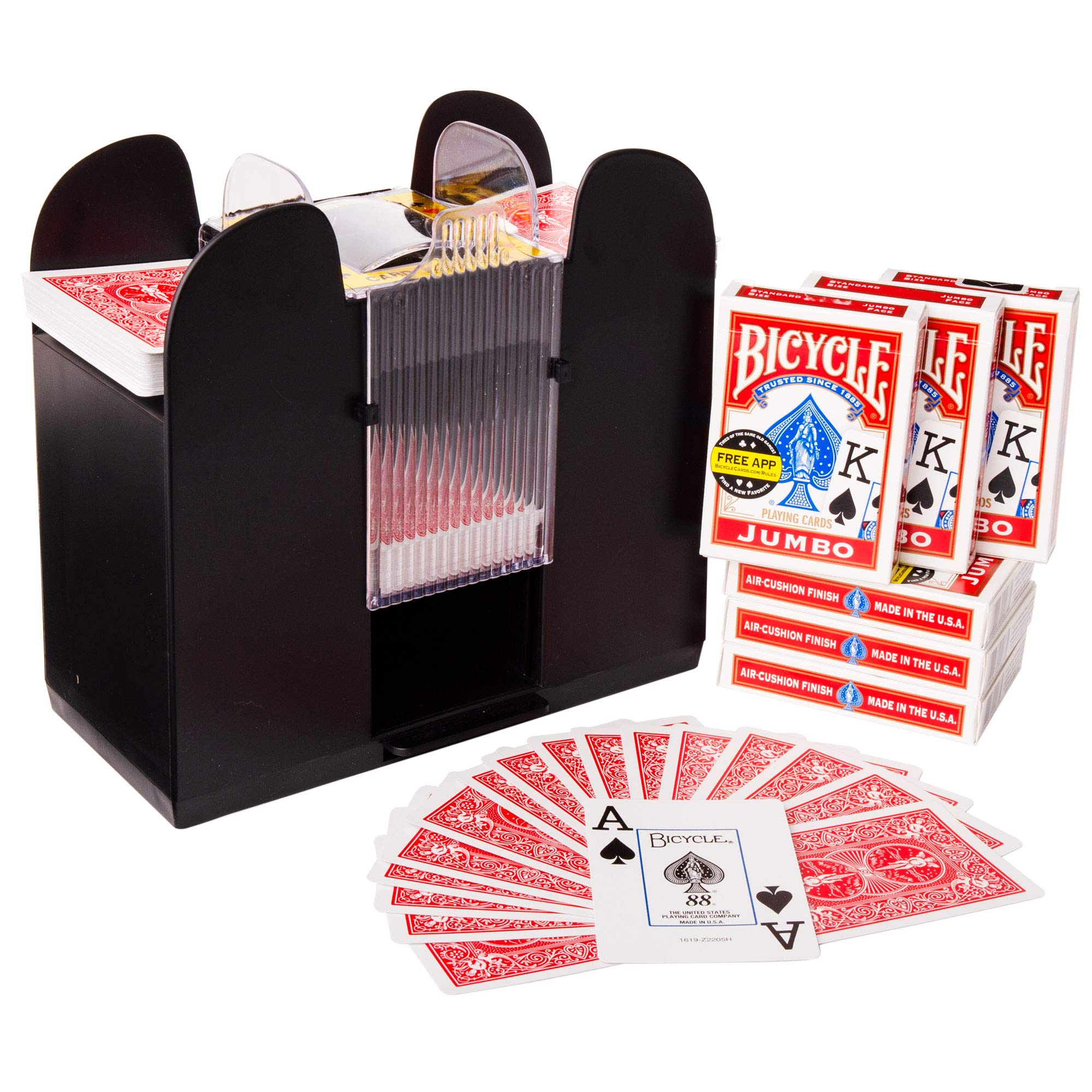 Brybelly 6-Deck Shuffler and 6 Jumbo Index Bicycle Decks - Battery-Operated Electric Shuffle Machine with Cards of Your Choice - Home & Casino Tournaments, Classic Poker, & Trading Card Games (Blue)