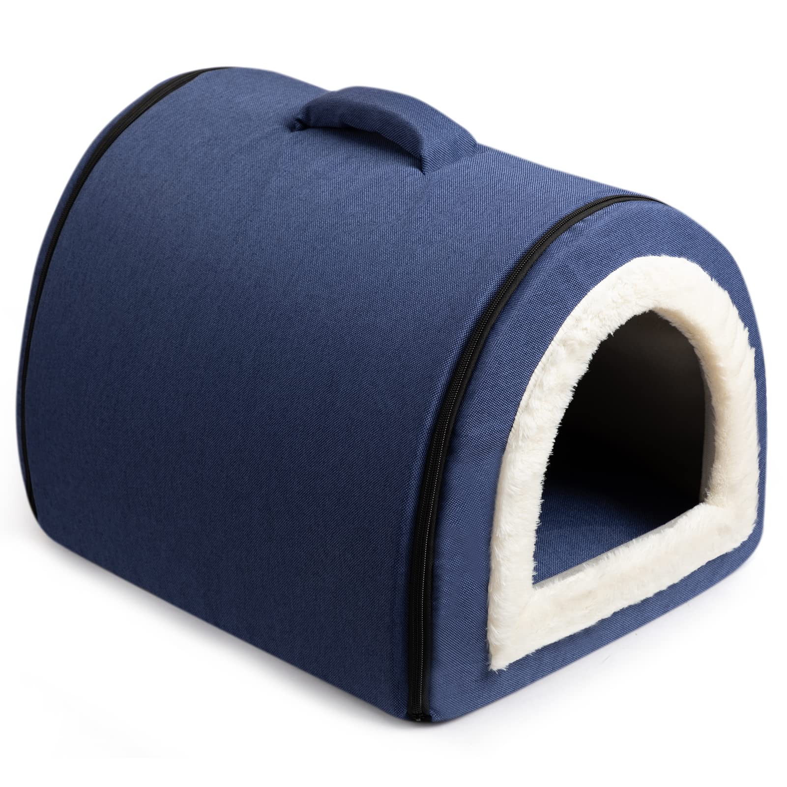Hollypet Linen Cat Bed, Self-Warming 2 in 1 Foldable Cave House Animal Shape Nest Pet Sleeping Bed, Blue