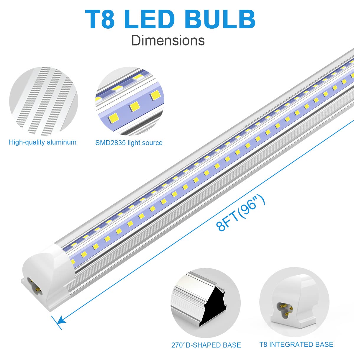 SHOPLED 8FT LED Shop Light Fixture, 72W 9360 LM 6000K Cool White,High Output Tube Light, Double Sided V Shape T8 8 Foot LED Bulbs for Cooler, Garage, Warehouse, Clear Cover (1 Pack)