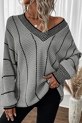AlvaQ Women Sweaters Winter Fall Fashion Color Block Striped Sweaters Casual Long Sleeve V Neck Pullover Knit Jumper Tops Gray Medium