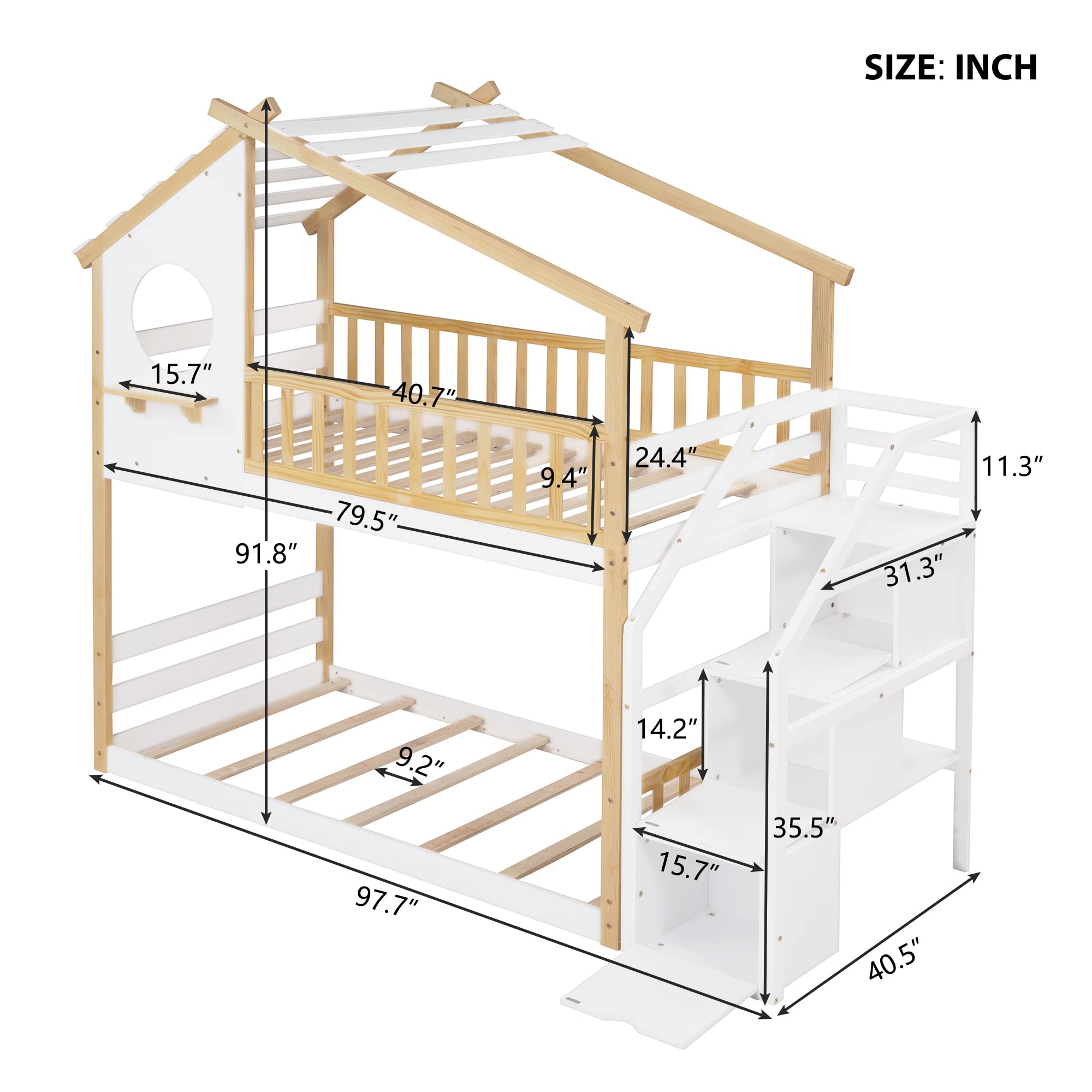 House Bed Bunk Beds with Stairs, Twin Over Twin Bunk Bed with Storage and Guard Rail, Floor Bunk Bed with Roof, Wood Bunk Bed Frame for Kids, Teens, No Box Spring Needed (Natural & White)
