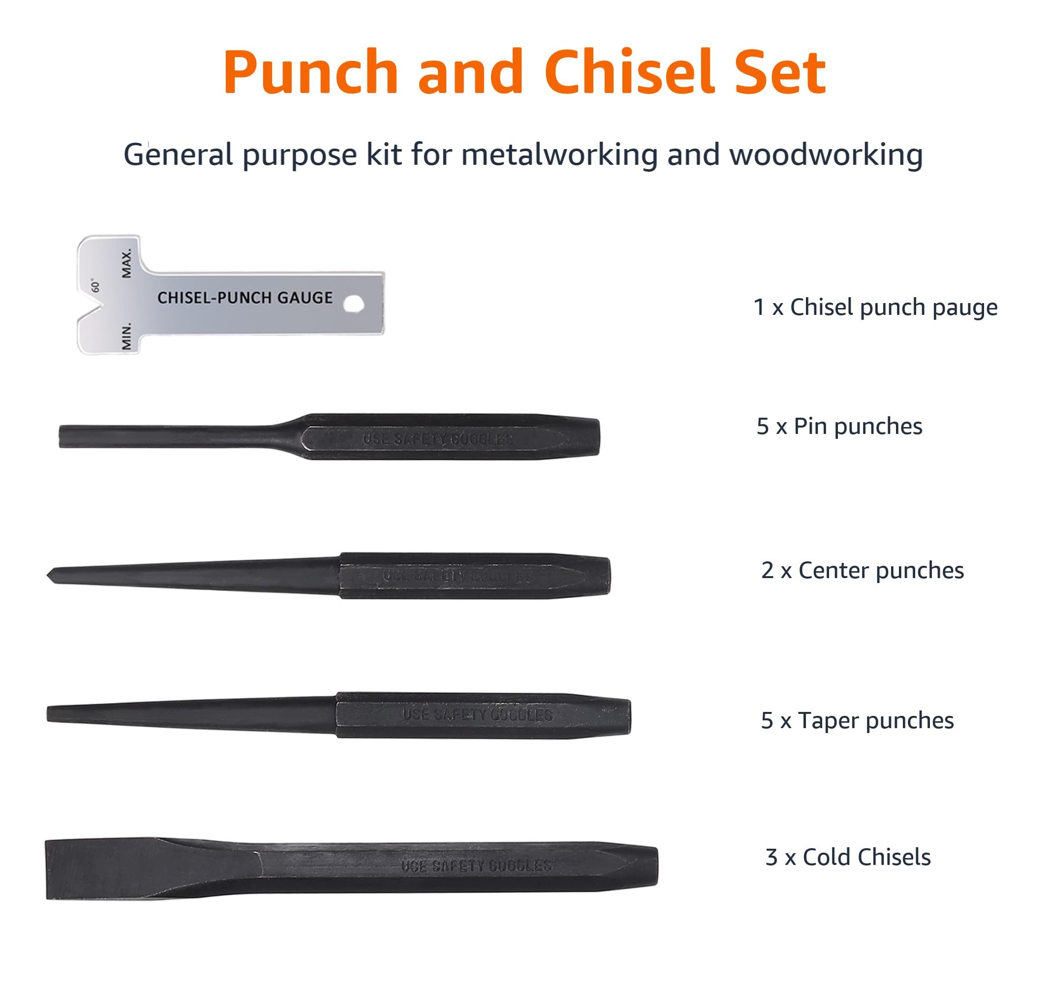 Amazon Basics 16-Piece Chrome Vanadium Steel Punch and Chisel Set with Storage Pouch