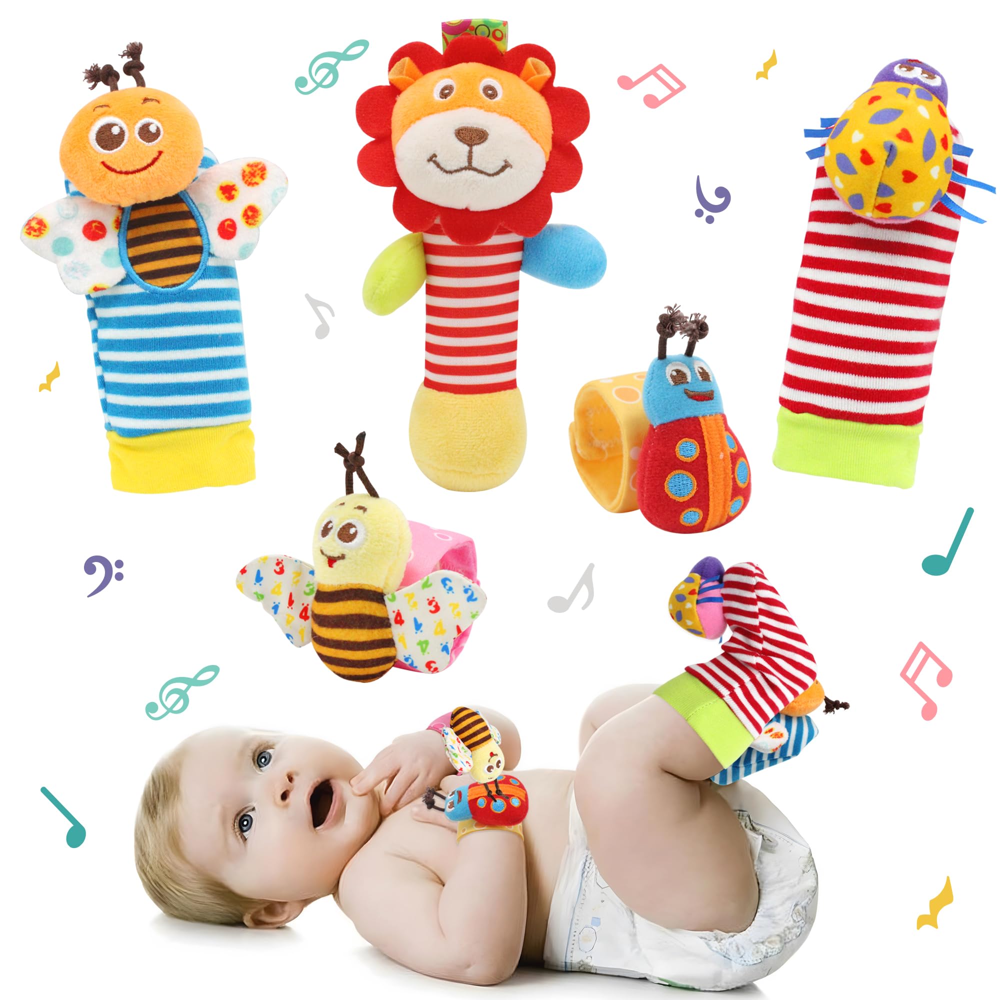 Baby Rattle Toys Soft Foot Finder Socks Wrists Rattles Ankle Leg Hand Arm Bracelet Activity Rattle Baby Shower Present Essentials for Neborn Baby Infant Boy Girl Bebe (4pcs-B)