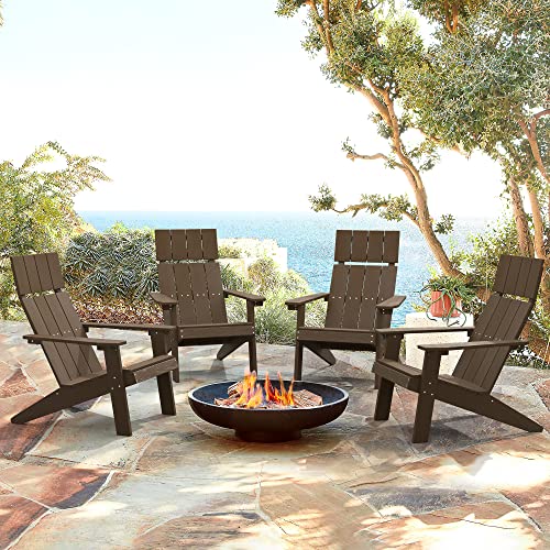 LUE BONA Modern Adirondack Chairs Set of 4, Dark Brown Plastic Adirondack Chair, High Back Poly Adirondack Fire Pit Chairs Weather Resistant, Patio Outdoor Chairs for Porch, Deck, Pool, Garden, 330LBS