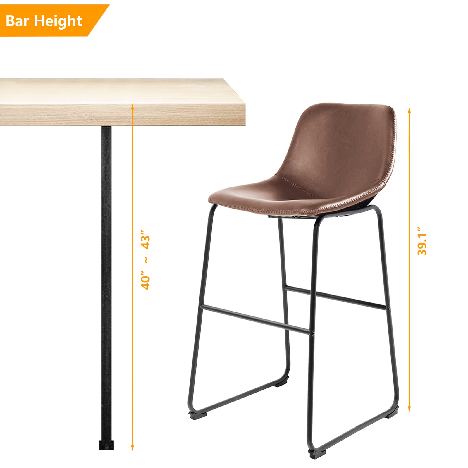 5Rcom PU Leather Bar Stools, Set of 2, Tall Bar stools with Back and Footrest, Modern Upholstered Bar Height Stools with Black Metal Legs, 30-inch Seat Height Chairs for Kitchen Home Office Pub, Brown