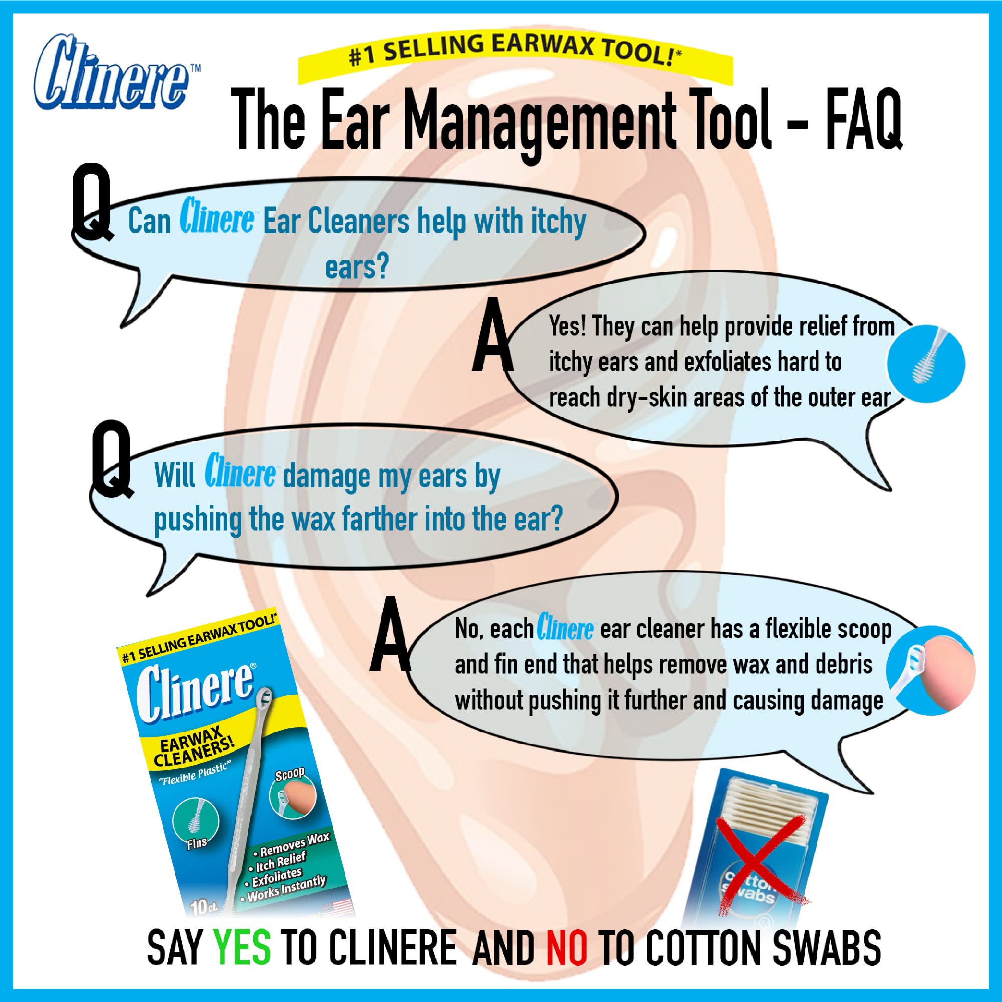 Clinere® Ear Cleaners, 10 Count Earwax Remover Tool Safely and Gently Cleaning Ear Canal at Home, Ear Wax Cleaner Tool, Itch Relief, Ear Wax Buildup, Works Instantly, Exfolimates, Earwax Cleaners.