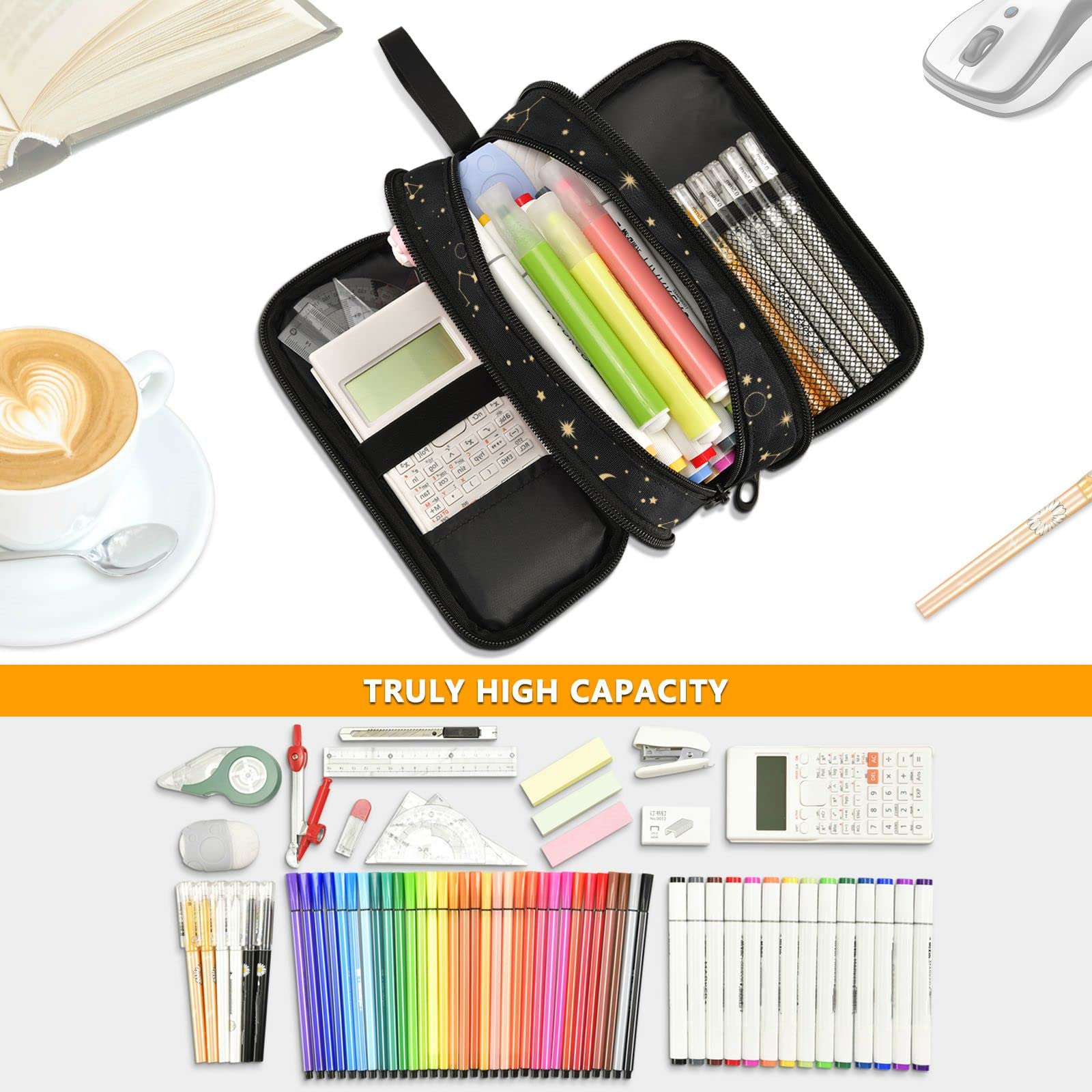 ALAZA Moon Sun Starry Night Pencil Case Nylon Pencil Bag Portable Stationery Bag Pen Pouch with Zipper for Women Men College Office Work