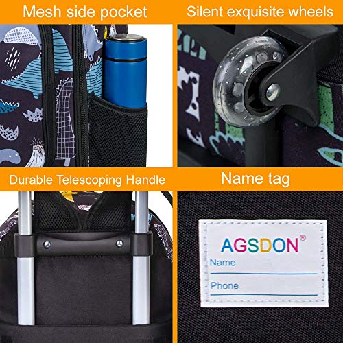 gxtvo Kids Rolling Backpack, Roller Wheels Boys Bookbag - Wheeled Suitcase Elementary School Bag - 3PCS Dinosaur