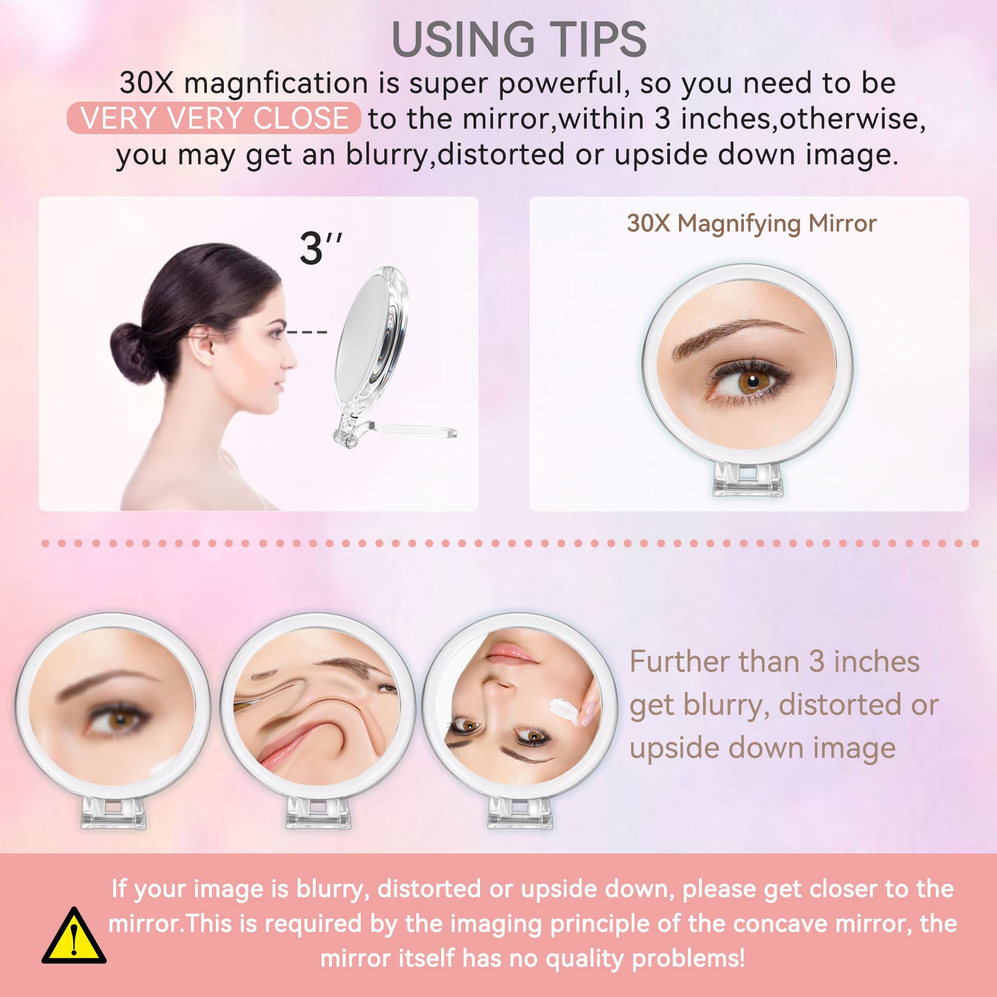 30X Magnifying Mirror, 30X/1X Two Sided Hand Mirror,Travel Mirror for Precise Makeup Applications,Tweezing, and Blackhead/Blemish Removal,6 Inch