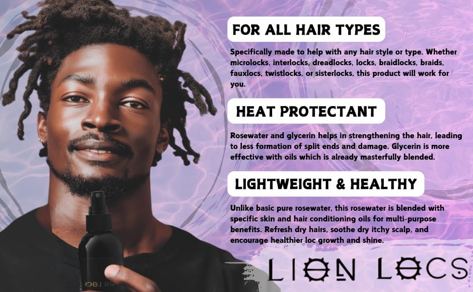 Lion Locs Rosewater Spray for Dreads and Locs - Organic Vegan Conditioner with Aloe, Oils, Vitamins, and Glycerin