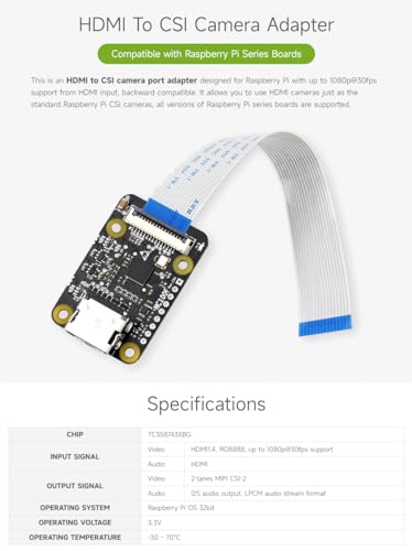 Waveshare HDMI to CSI Adapter, Compatible with Raspberry Pi 4B/3B+/3B/Pi Zero/Zero, Support 1080p@30fps Support from HDMI Input Backward Compatible