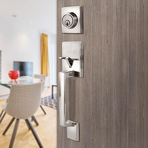Azdele Satin Nickel Front Door Handle with Deadbolt and Lever Set, Modern Front Door Lock Set, Door Handle with Single Cylinder Deadbolt for Exterior Door, Reversible for Right&Left Handed