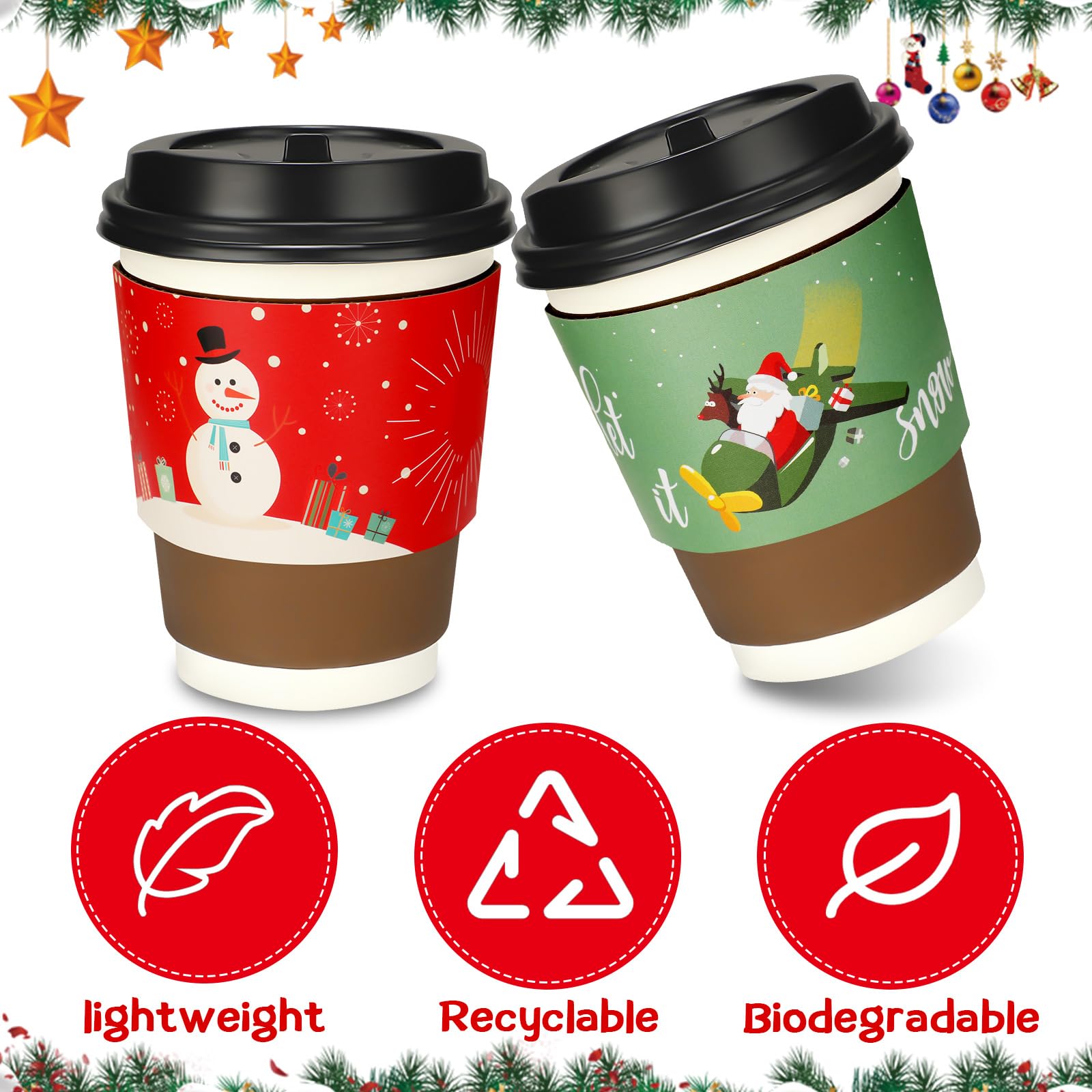 40 Pieces Christmas Coffee Cup Tea Cup Sleeves Disposable Paper Cup Sleeves with 5 Custom Xmas Designs for Christmas Hot Chocolate, Coffee, Cocoa, Tea or Cold Beverage, Fits 12 oz to 16 oz