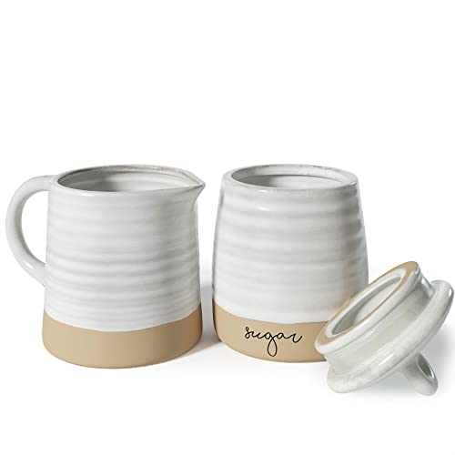 Barnyard Designs Ceramic Stoneware Sugar Creamer Set, 11oz Creamer Pitcher and Sugar Bowl with Lid, Vintage Farmhouse Sugar Creamer Dispenser Container Holder, Sugar Cube Dish Coffee or Tea, Ivory/Tan