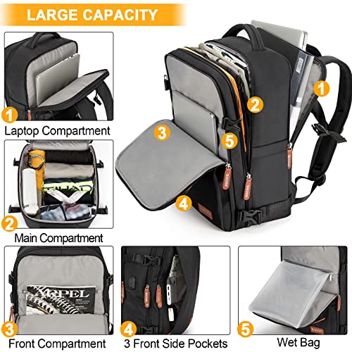 BAGODI Travel Laptop Backpack,15.6 Inch Flight Approved Carry on Backpack,Waterproof Large 40L Hiking Backpack Casual Daypack (Black)
