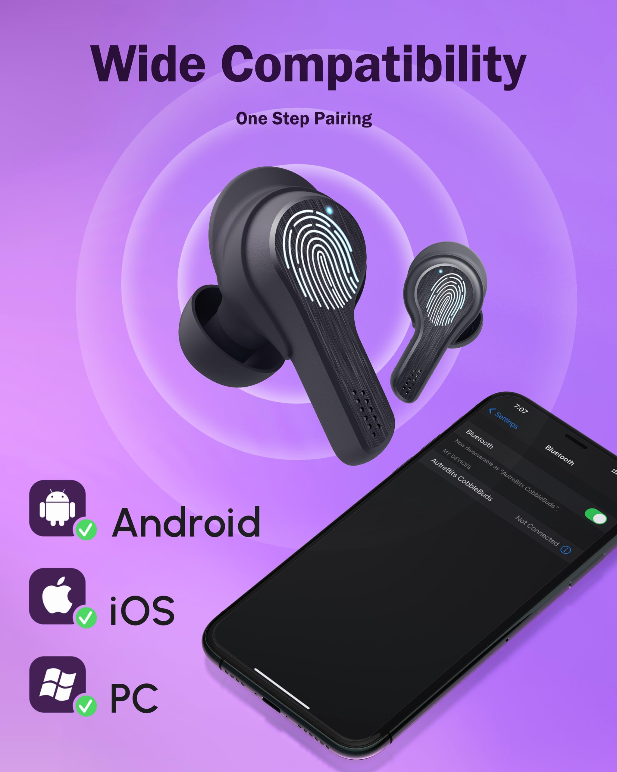 autrebits Wireless Earbuds iOS/Android, Earbuds 26H Playback Bluetooth 5.2 Headphones in Ear Lightweight with Powerful Sound Charging-case Eartips IPX4 Waterproof for Workout Relaxing, Black