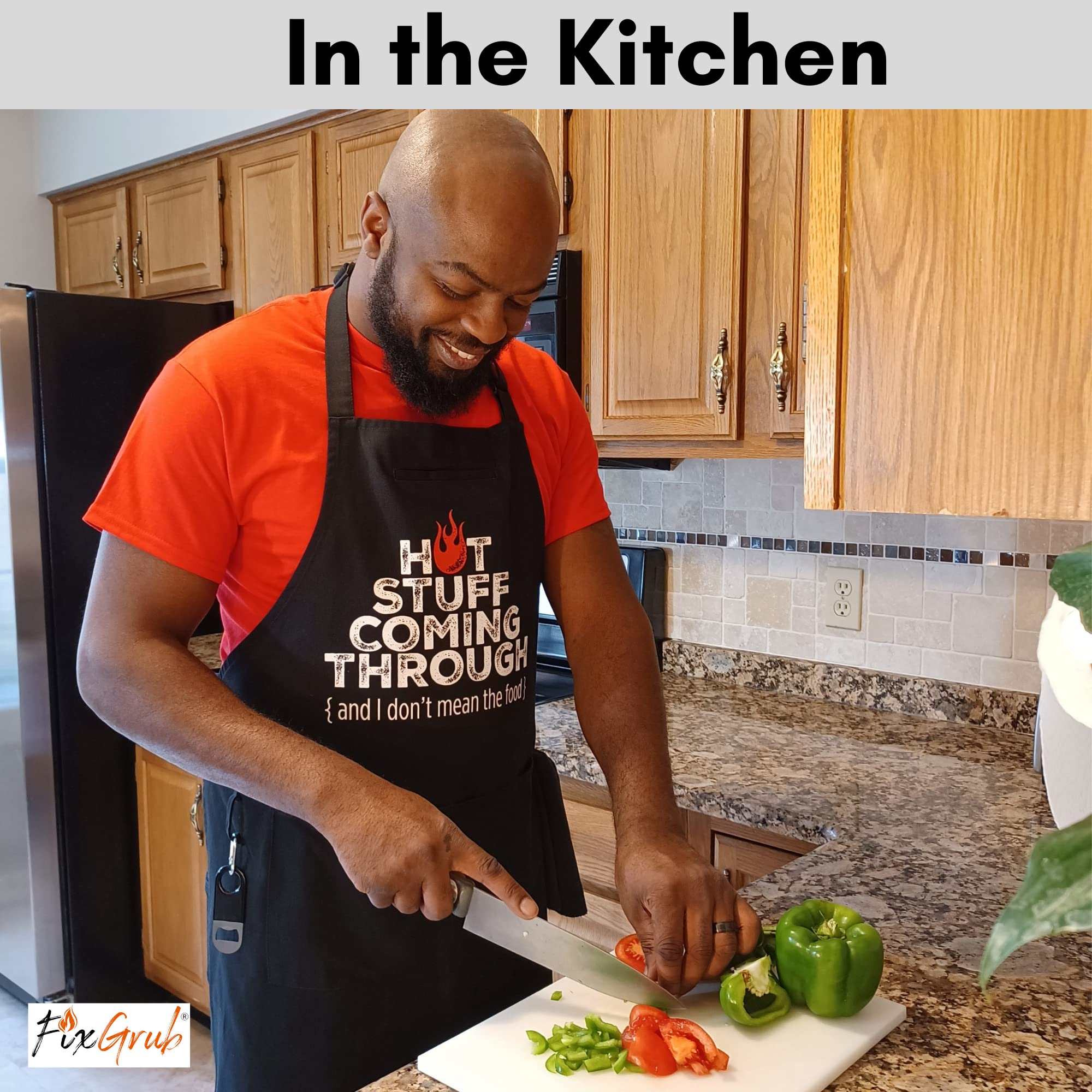 FixGrub Chefs Apron, Grill Apron, Funny Aprons for Men and Women, BBQ Apron, 3 Pockets, Bottle Opener, Towel and Gift Box Included