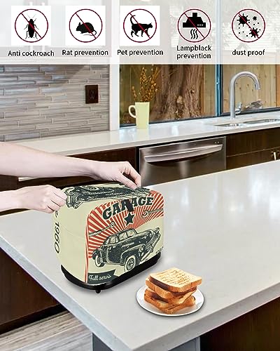 4 Slice Toaster Cover Retro Car Garage Since 1960 Toaster Dust Cover with Pockets Washable Toaster Cover for Kitchen Small Appliance Bread Machine Covers Home Decor