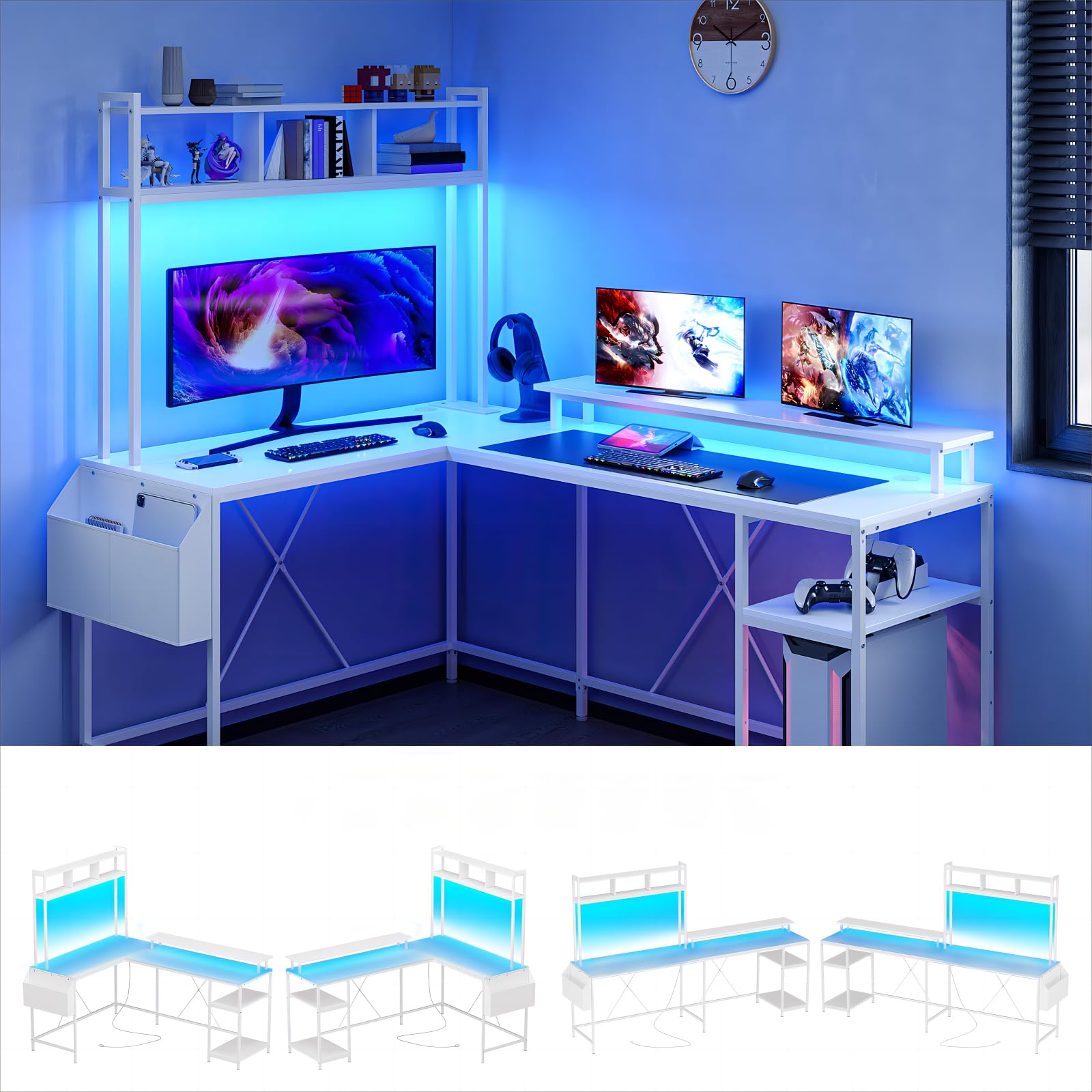 Jojoka L Shaped Computer Gaming Desk with LED Lights & Power Outlets, 67" Reversible Large L-Shaped Desk with Monitor Stand & Storage Shelves (White)