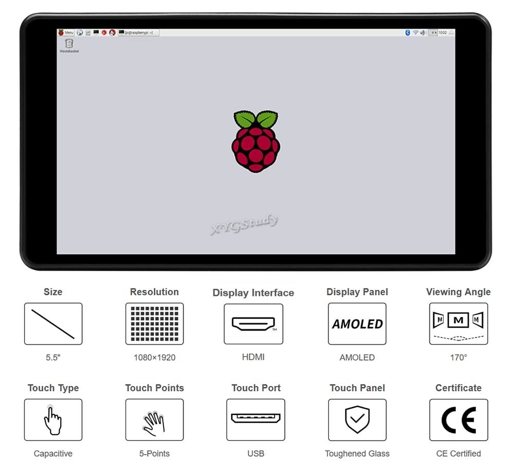 XYGStudy 5.5 inch Raspberry Pi HDMI Capacitive Touch AMOLED Display Monitor Toughened Glass Panel 1080×1920 with Protection Cover Case for Mini PC Raspberry Pi 4 Model B Computer Monitor