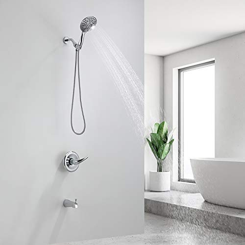 AIHOM Shower Faucet Set With Tub Spout,Shower Trim Kit With Pressure Balanced Valve, Dual-Function 5-Spray Touch-Clean Handheld Shower Head Combo, Chrome