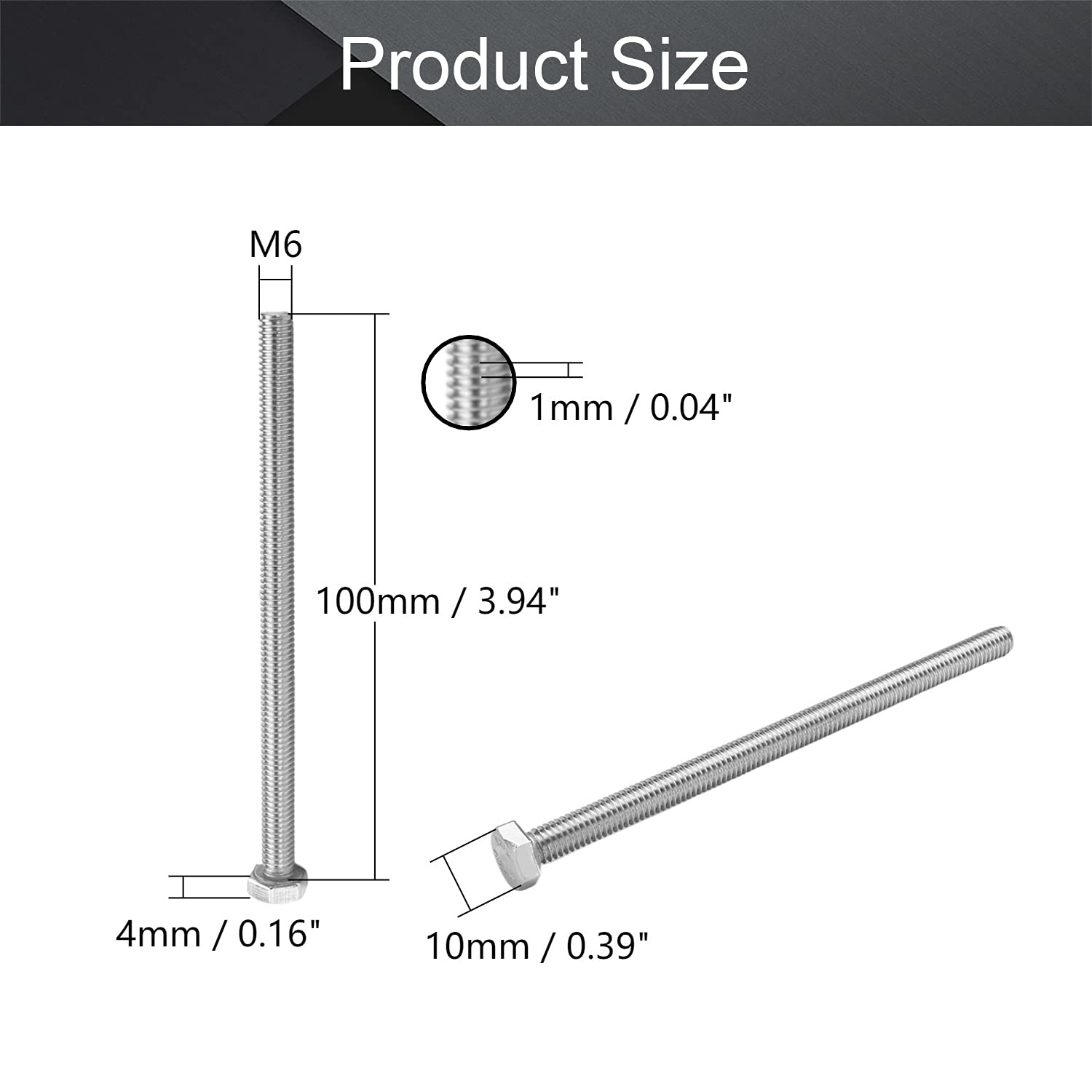 MroMax 5Pcs M6 x 100mm Hex Head Screws Bolts, 304 Stainless Steel 18-8, Fully Threaded, External Hex Drive, for Mounting Chair, Handles, Rail, Pump, Wheels, Antenna Parts, Boat and Plastic Bumpers
