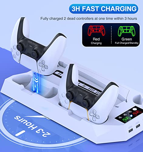PS5 Stand with Cooling Station PS5 Controller Charging Station for Playstation 5 PS5 Console Disc/Digital Edition, PS5 Accessories-Cooler Fan/Remote Charger/Media&Headset Holder/3-USB Hub/Screw White