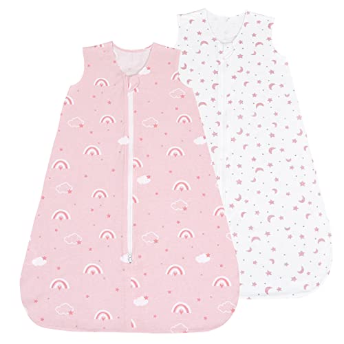 david's kids 100% Cotton Baby Sleep Sack 6-12 Months, Soft Baby Wearable Blankets with 2-Way Zipper, 2 Pack Comfy Sleeping Bags for Infant Newborn Boys Girls Neutral, Medium Size, Rainbow & Space