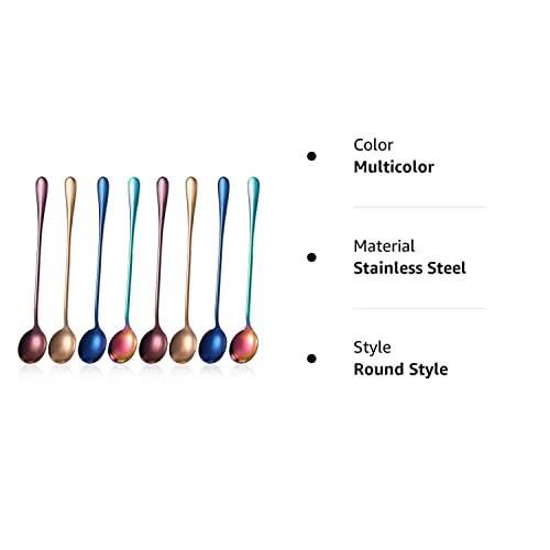 8 Pieces Long Handle Tea Spoon Stainless Steel Coffee Mixing Spoons Teaspoon for Mixing, Cocktail Stirring, Coffee, Milkshake, Cold Drink, 7.48 Inch (Round Style)