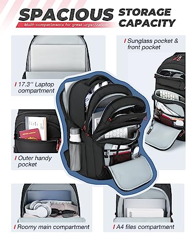 BAGSMART Travel Laptop Backpack Men Women, Extra Large Work 17.3 Inch Computer Backpack Airline Approved Carry On with Water-Repellent, Charging Hole, for Business Work College Hiking Weekender, Black