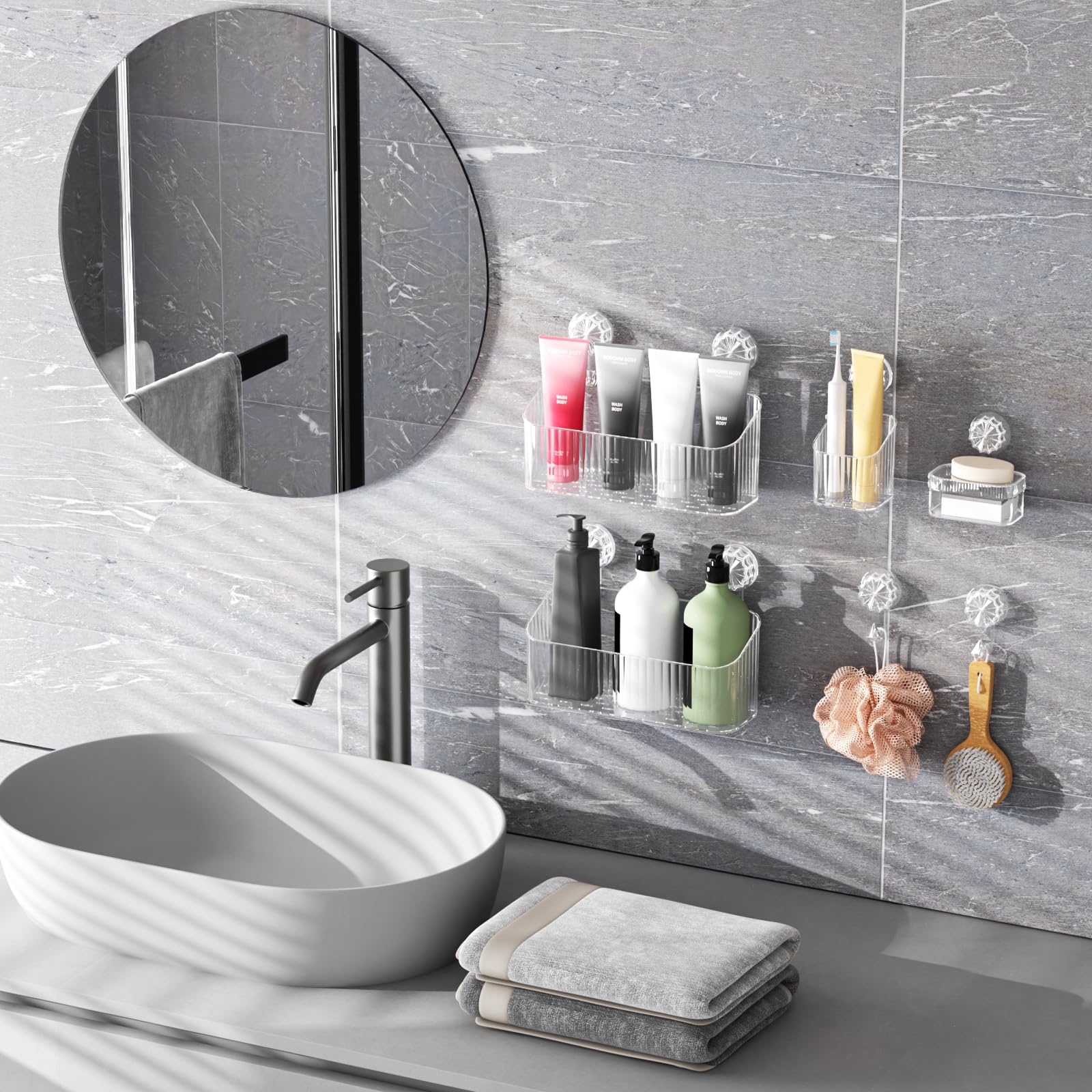 starogegc Suction Cup Shower Caddy, 6Pack Large Capacity Shower Shelves, No Drill Bathroom Shower Organizers, Removable Shower Organizer, Soap Dish and Hooks for Wall, Bathroom, Kitchen, RV