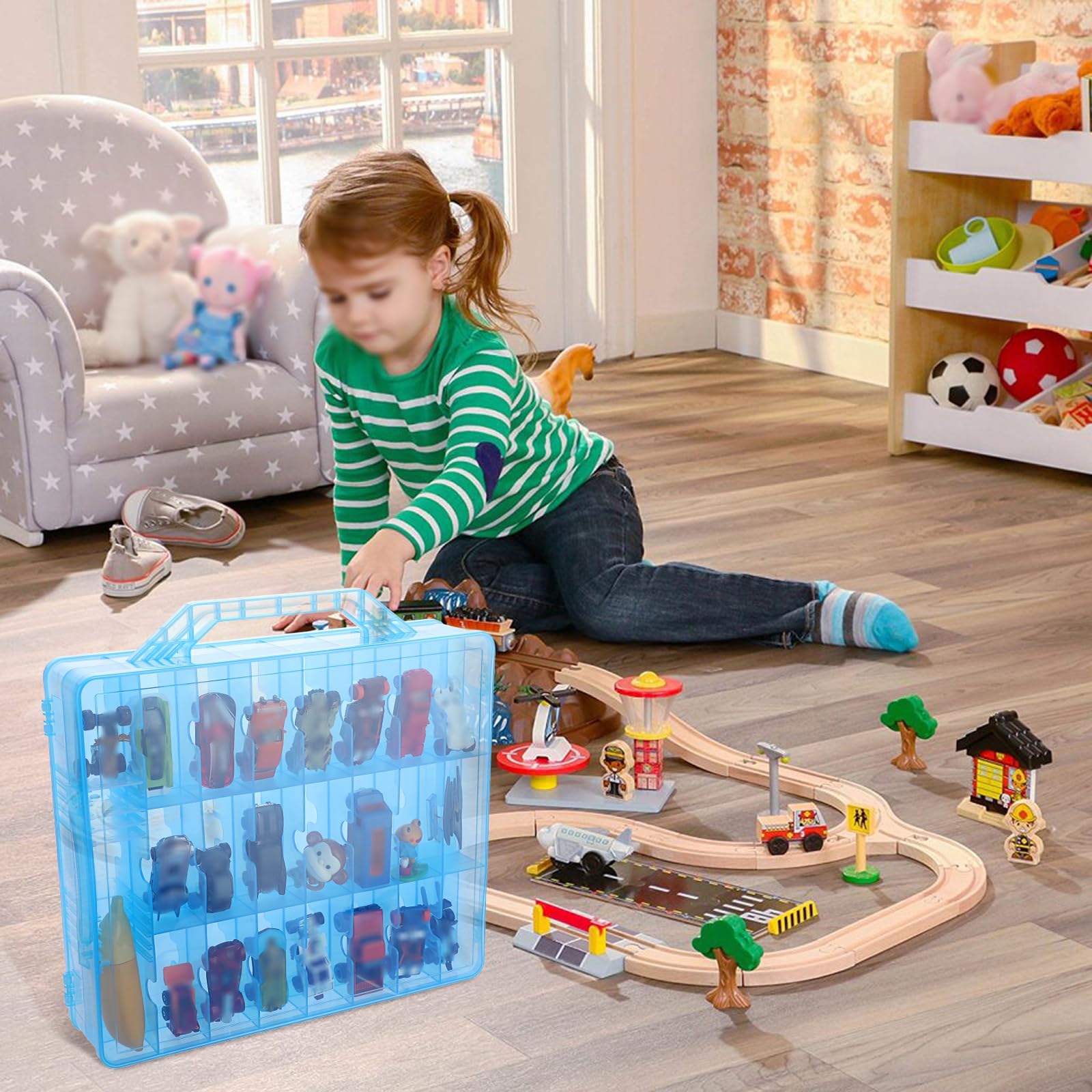 BTSKY Double Sided Toy Storage Organizer with 48 Compartments, Toy Organizer Carrying Case for Hot Wheels Car, Matchbox Cars, Mini Toys, Small Dolls, and more Mini Cars Collection(Blue)