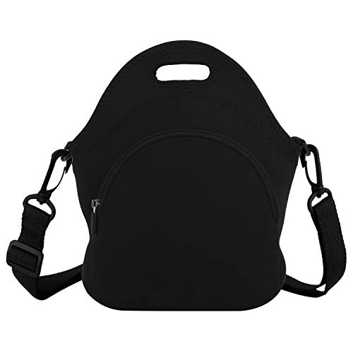 Armofit Black Neoprene Lunch Bag Insulated Reusable Washable Lunch Tote Waterproof Foldable Handbag with Detachable Strap and Extra Front Pocket for Women Men Work Office Picnic
